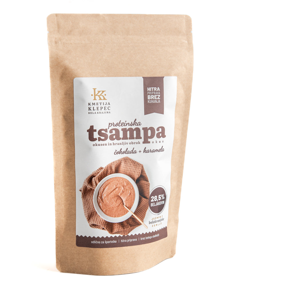 Proteinska tsampa čokolada in karamela – Kmetija Klepec